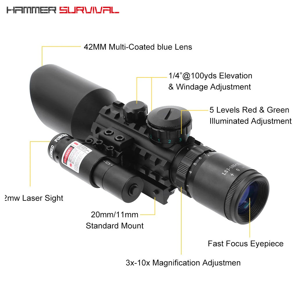 3-10x42 Rifle Scope with Red/Green Laser | Adjustable, Durable – HAMMER ...
